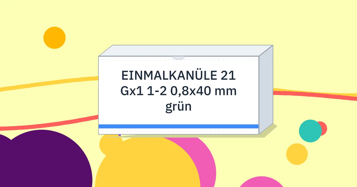 Symbolbild: Packung mit der Aufschrift EINMALKANÜLE 21 Gx1 1-2 0,8x40 mm grün (PZN 18717537) – Verfügbarkeit und Bezug in Apotheken in Frankfurt am Main
