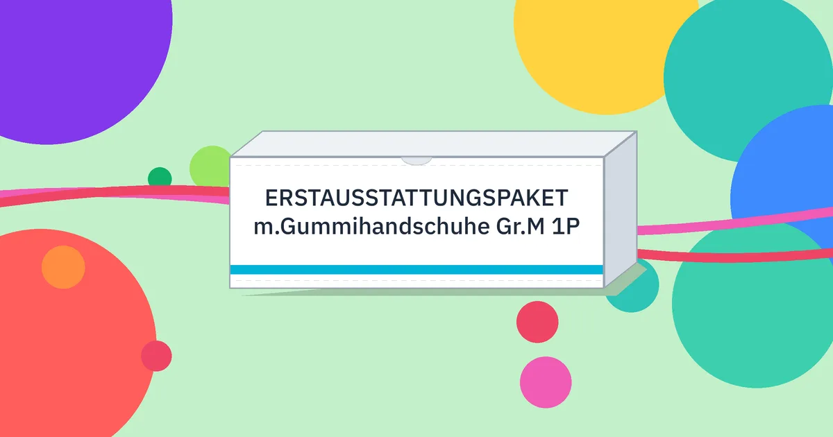 Symbolbild: Packung mit der Aufschrift ERSTAUSSTATTUNGSPAKET m.Gummihandschuhe Gr.M 1P (PZN 19628480) – Verfügbarkeit und Bezug in Apotheken in Frankfurt am Main