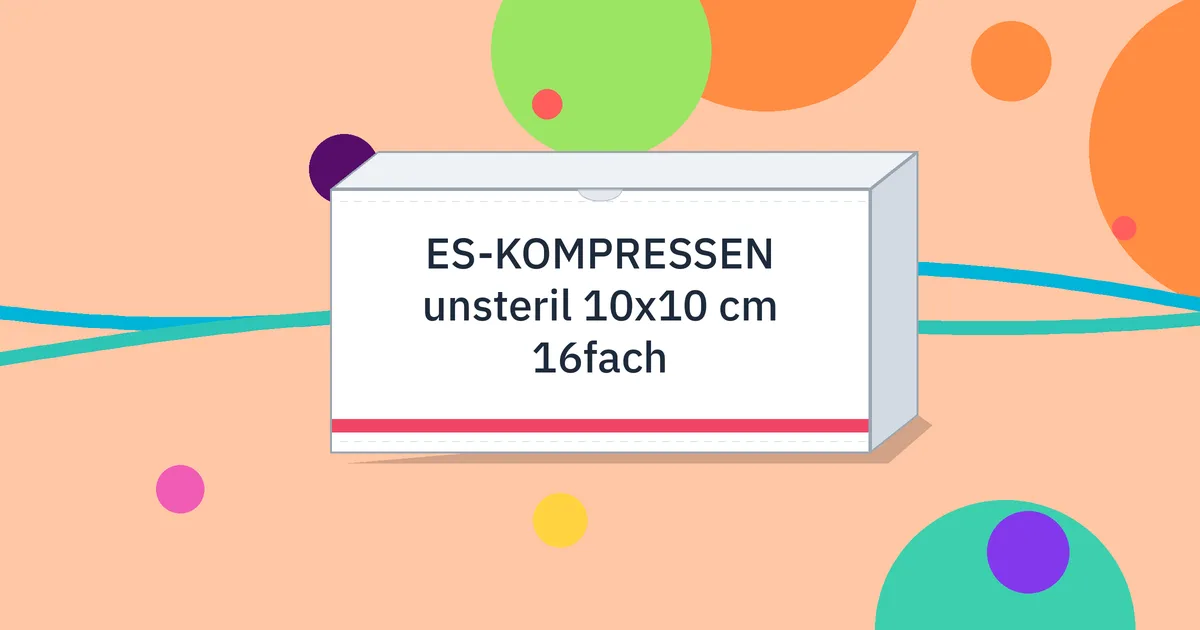 Symbolbild: Packung mit der Aufschrift ES-KOMPRESSEN unsteril 10x10 cm 16fach (PZN 17605693) – Verfügbarkeit und Bezug in Apotheken in Frankfurt am Main