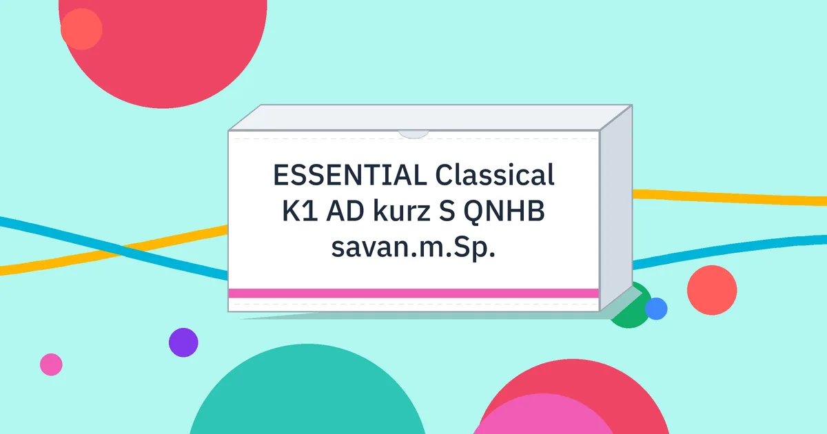 Symbolbild: Packung mit der Aufschrift ESSENTIAL Classical K1 AD kurz S QNHB savan.m.Sp. (PZN 18867099) – Verfügbarkeit und Bezug in Apotheken in Frankfurt am Main