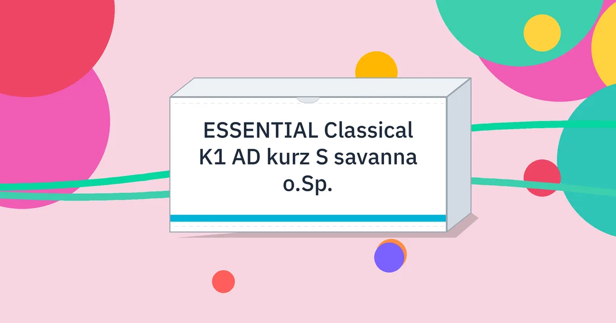 Symbolbild: Packung mit der Aufschrift ESSENTIAL Classical K1 AD kurz S savanna o.Sp. (PZN 17003801) – Verfügbarkeit und Bezug in Apotheken in Frankfurt am Main