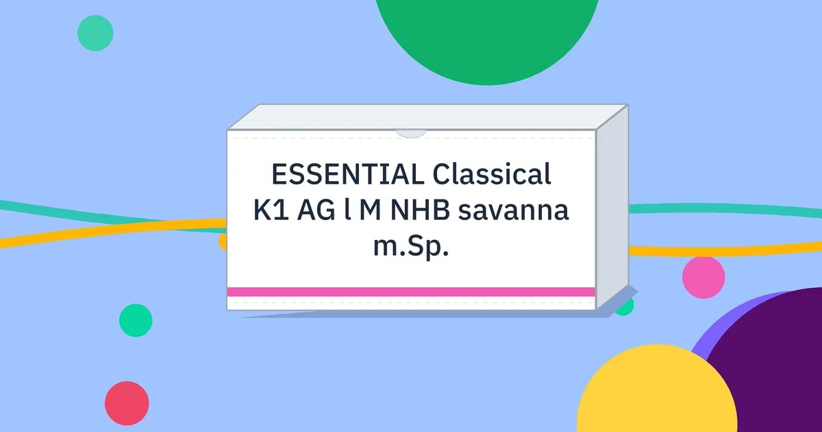 Symbolbild: Packung mit der Aufschrift ESSENTIAL Classical K1 AG l M NHB savanna m.Sp. (PZN 17002960) – Verfügbarkeit und Bezug in Apotheken in Frankfurt am Main