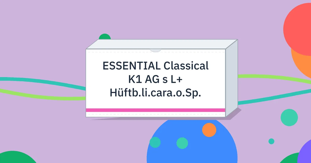 Symbolbild: Packung mit der Aufschrift ESSENTIAL Classical K1 AG s L+ Hüftb.li.cara.o.Sp. (PZN 17011491) – Verfügbarkeit und Bezug in Apotheken in Frankfurt am Main