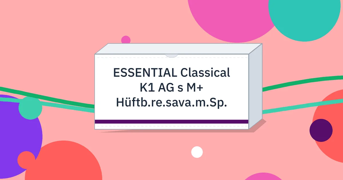 Symbolbild: Packung mit der Aufschrift ESSENTIAL Classical K1 AG s M+ Hüftb.re.sava.m.Sp. (PZN 17013076) – Verfügbarkeit und Bezug in Apotheken in Frankfurt am Main