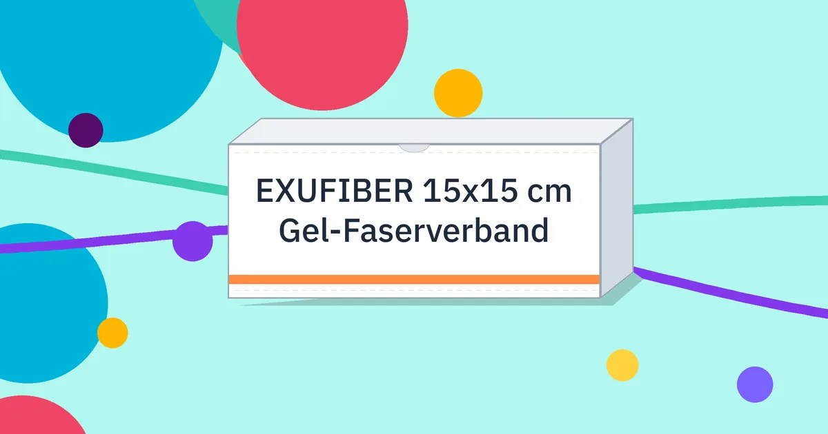 Symbolbild: Packung mit der Aufschrift EXUFIBER 15x15 cm Gel-Faserverband (PZN 16261725) – Verfügbarkeit und Bezug in Apotheken in Frankfurt am Main