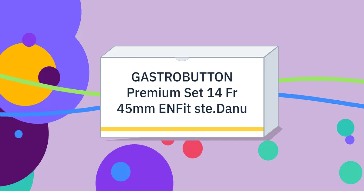 Symbolbild: Packung mit der Aufschrift GASTROBUTTON Premium Set 14 Fr 45mm ENFit ste.Danu (PZN 16883527) – Verfügbarkeit und Bezug in Apotheken in Frankfurt am Main
