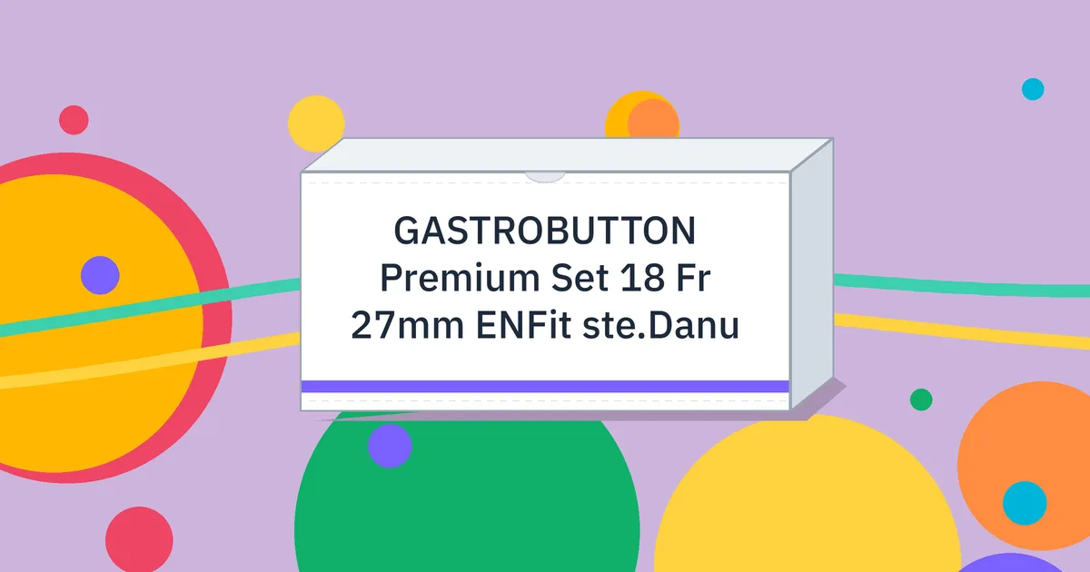Symbolbild: Packung mit der Aufschrift GASTROBUTTON Premium Set 18 Fr 27mm ENFit ste.Danu (PZN 16883823) – Verfügbarkeit und Bezug in Apotheken in Frankfurt am Main