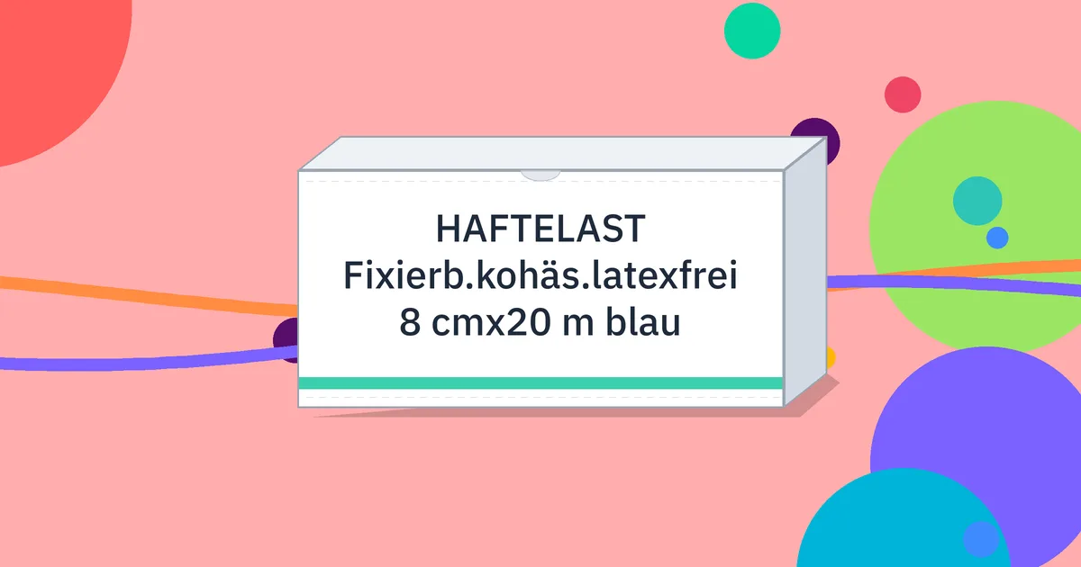 Symbolbild: Packung mit der Aufschrift HAFTELAST Fixierb.kohäs.latexfrei 8 cmx20 m blau (PZN 08817321) – Verfügbarkeit und Bezug in Apotheken in Frankfurt am Main