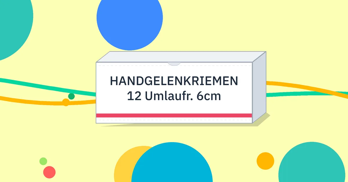 Symbolbild: Packung mit der Aufschrift HANDGELENKRIEMEN 12 Umlaufr. 6cm (PZN 01962600) – Verfügbarkeit und Bezug in Apotheken in Frankfurt am Main