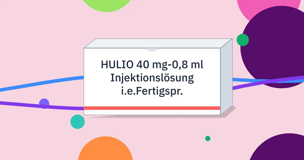 Symbolbild: Packung mit der Aufschrift HULIO 40 mg-0,8 ml Injektionslösung i.e.Fertigspr. (PZN 16759520) – Verfügbarkeit und Bezug in Apotheken in Frankfurt am Main