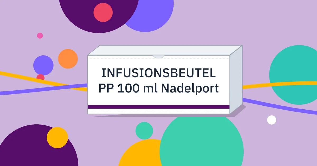 Symbolbild: Packung mit der Aufschrift INFUSIONSBEUTEL PP 100 ml Nadelport (PZN 19441847) – Verfügbarkeit und Bezug in Apotheken in Frankfurt am Main