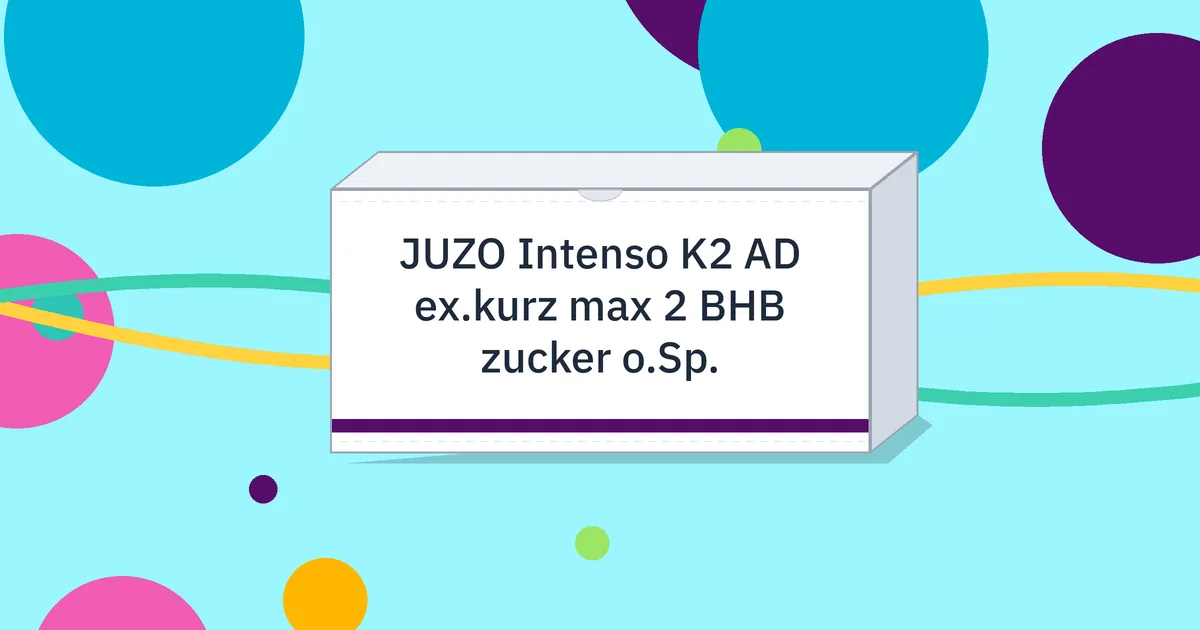 Symbolbild: Packung mit der Aufschrift JUZO Intenso K2 AD ex.kurz max 2 BHB zucker o.Sp. (PZN 18624190) – Verfügbarkeit und Bezug in Apotheken in Frankfurt am Main