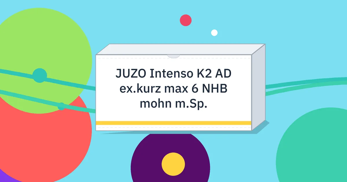 Symbolbild: Packung mit der Aufschrift JUZO Intenso K2 AD ex.kurz max 6 NHB mohn m.Sp. (PZN 18610615) – Verfügbarkeit und Bezug in Apotheken in Frankfurt am Main