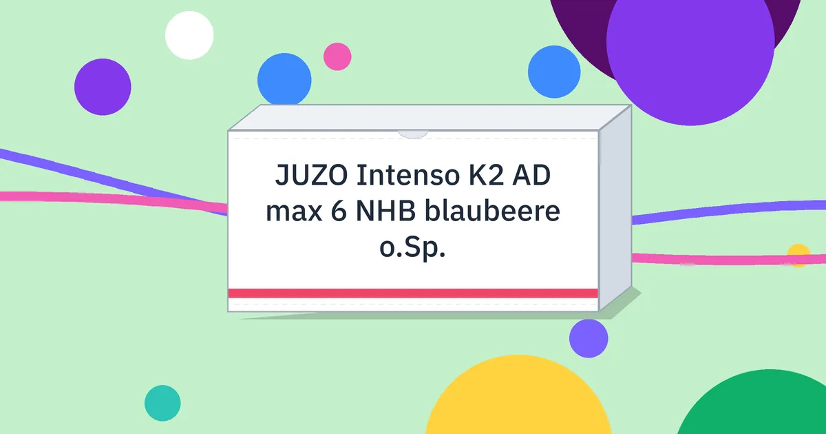 Symbolbild: Packung mit der Aufschrift JUZO Intenso K2 AD max 6 NHB blaubeere o.Sp. (PZN 18623374) – Verfügbarkeit und Bezug in Apotheken in Frankfurt am Main
