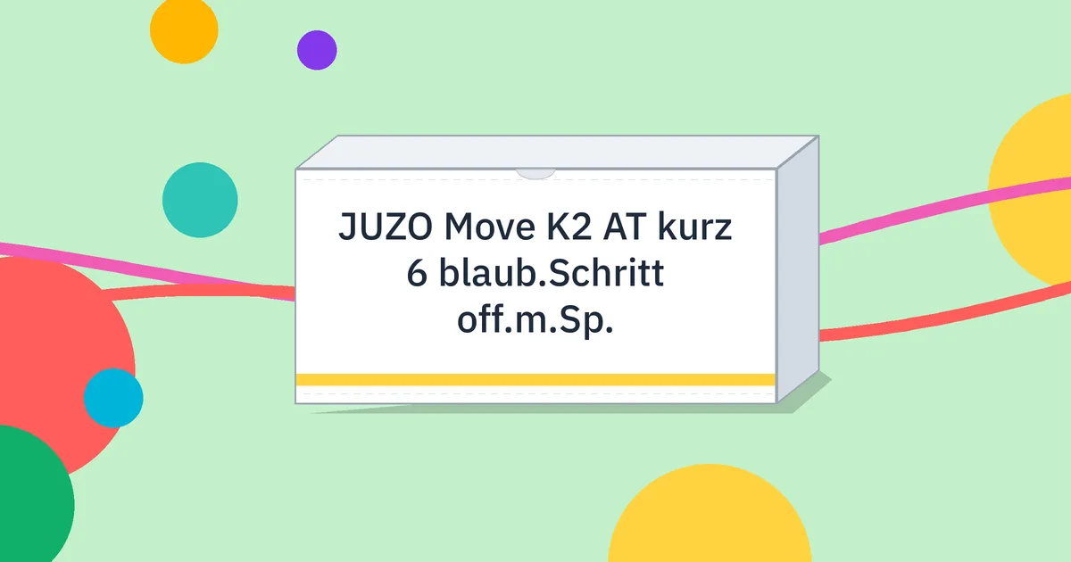 Symbolbild: Packung mit der Aufschrift JUZO Move K2 AT kurz 6 blaub.Schritt off.m.Sp. (PZN 20674479) – Verfügbarkeit und Bezug in Apotheken in Frankfurt am Main