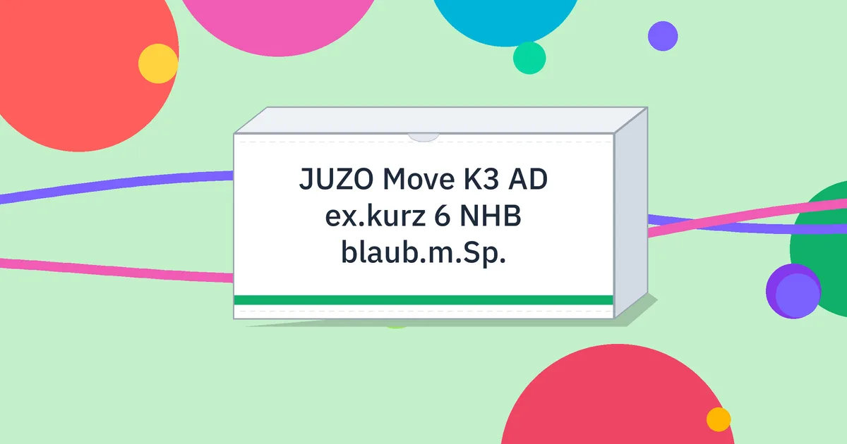 Symbolbild: Packung mit der Aufschrift JUZO Move K3 AD ex.kurz 6 NHB blaub.m.Sp. (PZN 18573400) – Verfügbarkeit und Bezug in Apotheken in Frankfurt am Main