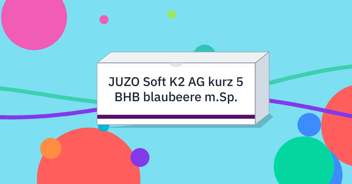 Symbolbild: Packung mit der Aufschrift JUZO Soft K2 AG kurz 5 BHB blaubeere m.Sp. (PZN 14826264) – Verfügbarkeit und Bezug in Apotheken in Frankfurt am Main
