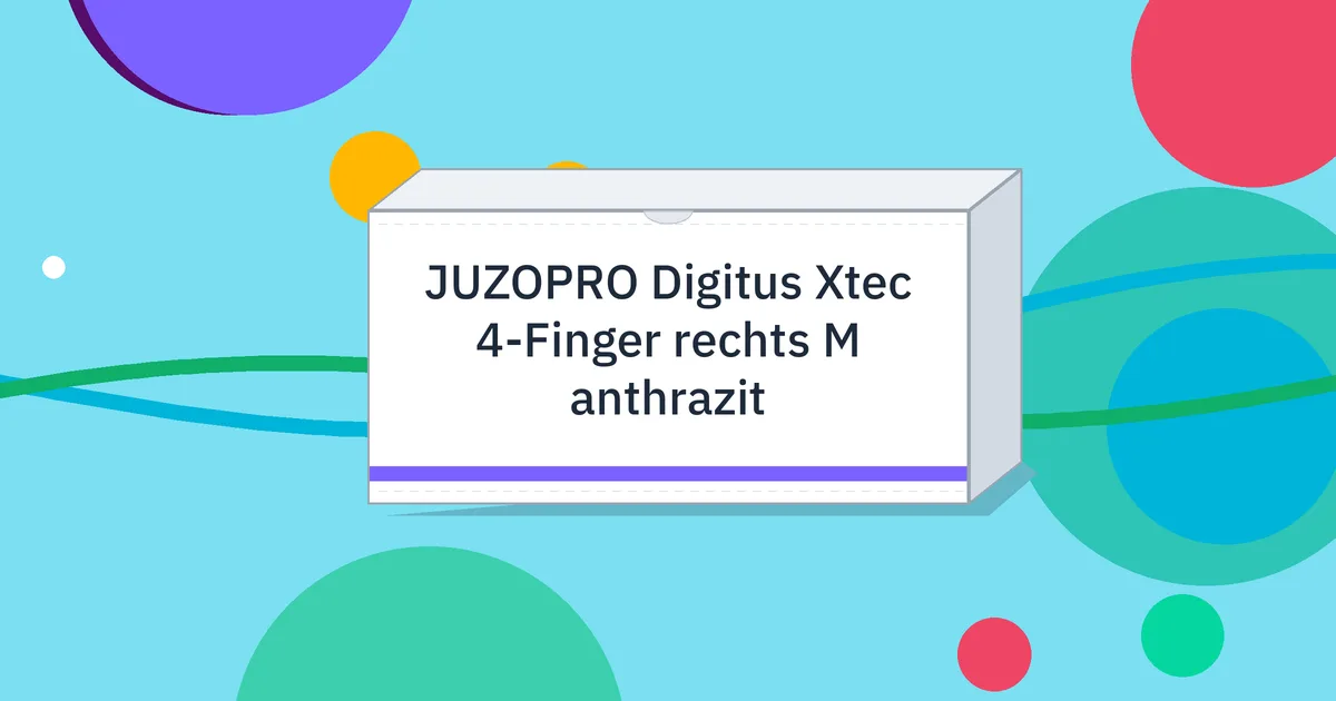 Symbolbild: Packung mit der Aufschrift JUZOPRO Digitus Xtec 4-Finger rechts M anthrazit (PZN 16766514) – Verfügbarkeit und Bezug in Apotheken in Frankfurt am Main