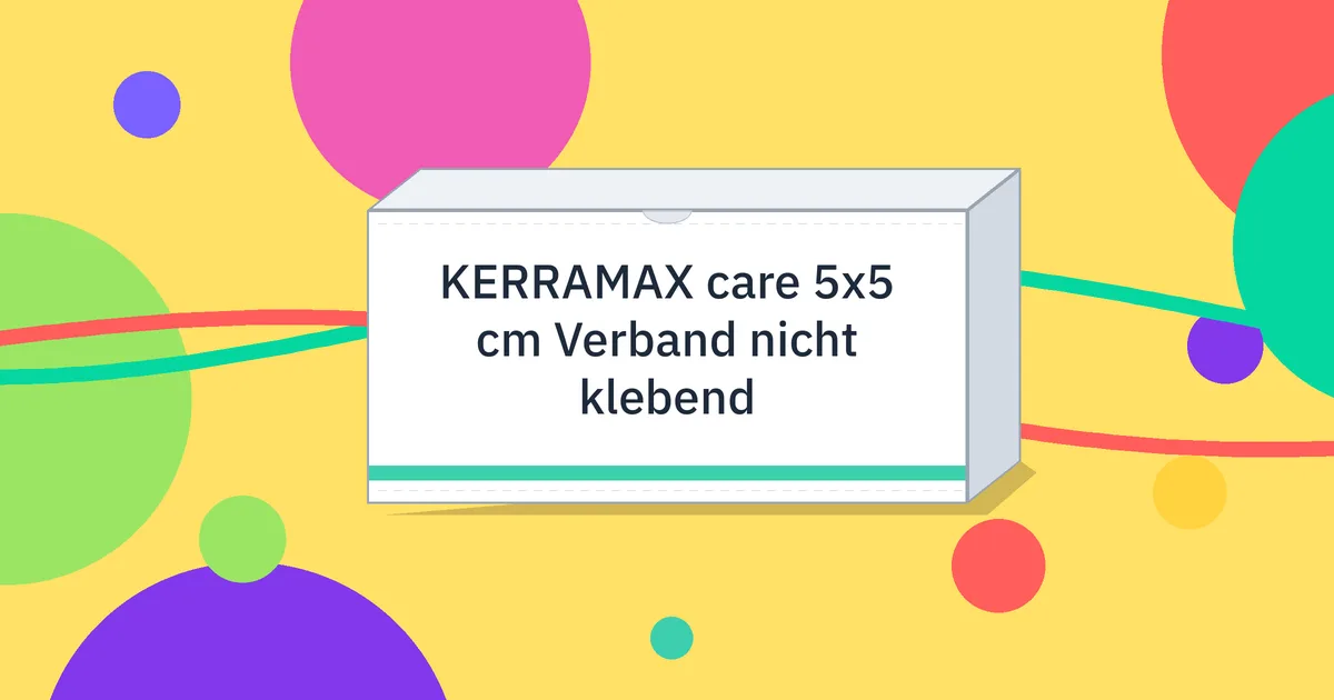 Symbolbild: Packung mit der Aufschrift KERRAMAX care 5x5 cm Verband nicht klebend (PZN 18729606) – Verfügbarkeit und Bezug in Apotheken in Frankfurt am Main