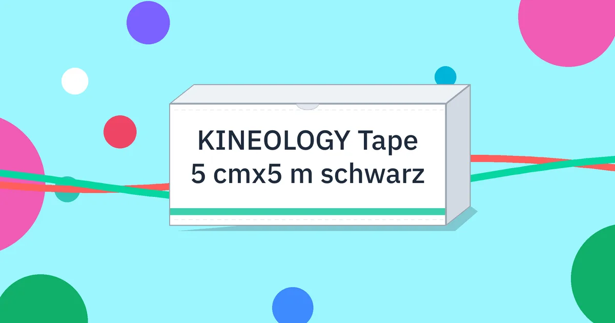 Symbolbild: Packung mit der Aufschrift KINEOLOGY Tape 5 cmx5 m schwarz (PZN 05131132) – Verfügbarkeit und Bezug in Apotheken in Frankfurt am Main