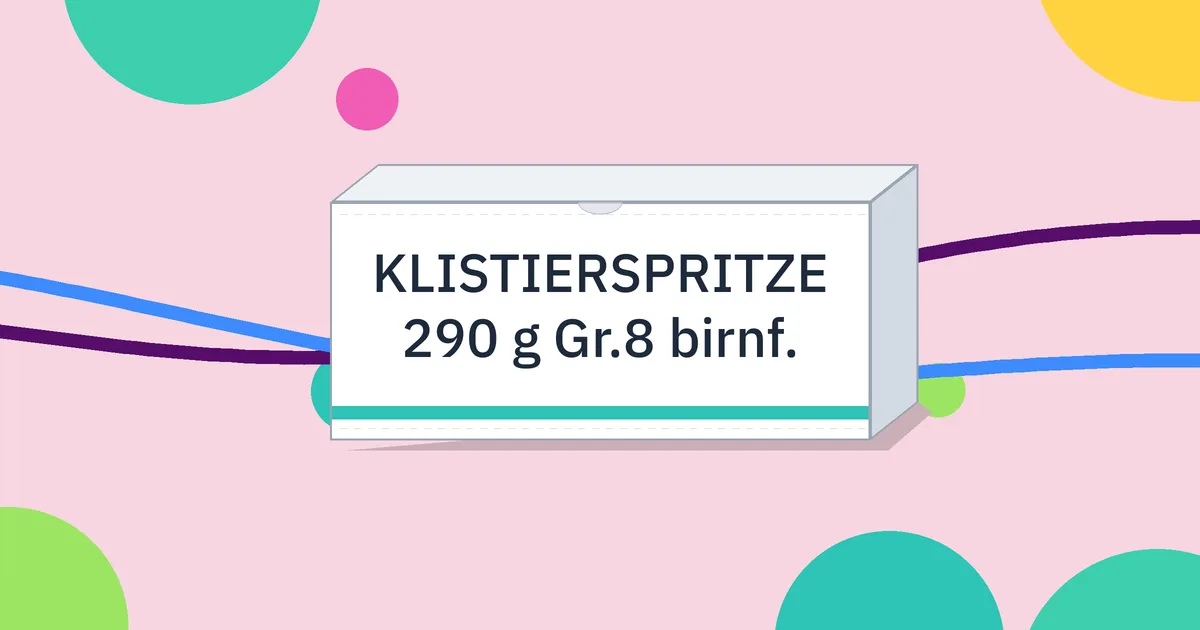 Symbolbild: Packung mit der Aufschrift KLISTIERSPRITZE 290 g Gr.8 birnf. (PZN 04444610) – Verfügbarkeit und Bezug in Apotheken in Frankfurt am Main