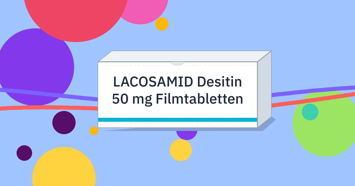 Symbolbild: Packung mit der Aufschrift LACOSAMID Desitin 50 mg Filmtabletten (PZN 17897218) – Verfügbarkeit und Bezug in Apotheken in Frankfurt am Main