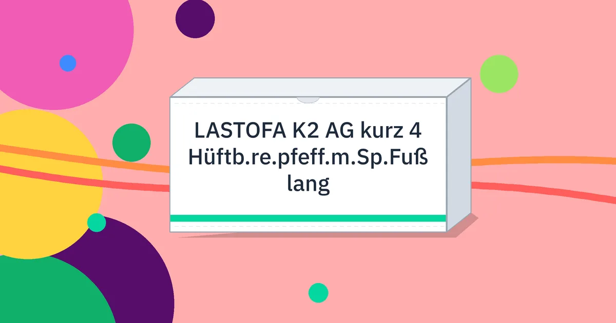 Symbolbild: Packung mit der Aufschrift LASTOFA K2 AG kurz 4 Hüftb.re.pfeff.m.Sp.Fuß lang (PZN 13811757) – Verfügbarkeit und Bezug in Apotheken in Frankfurt am Main