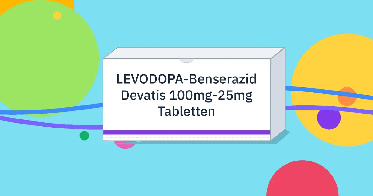 Symbolbild: Packung mit der Aufschrift LEVODOPA-Benserazid Devatis 100mg-25mg Tabletten (PZN 16856832) – Verfügbarkeit und Bezug in Apotheken in Frankfurt am Main