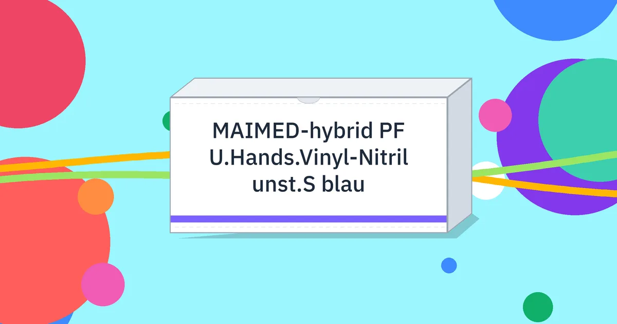 Symbolbild: Packung mit der Aufschrift MAIMED-hybrid PF U.Hands.Vinyl-Nitril unst.S blau (PZN 16932071) – Verfügbarkeit und Bezug in Apotheken in Frankfurt am Main