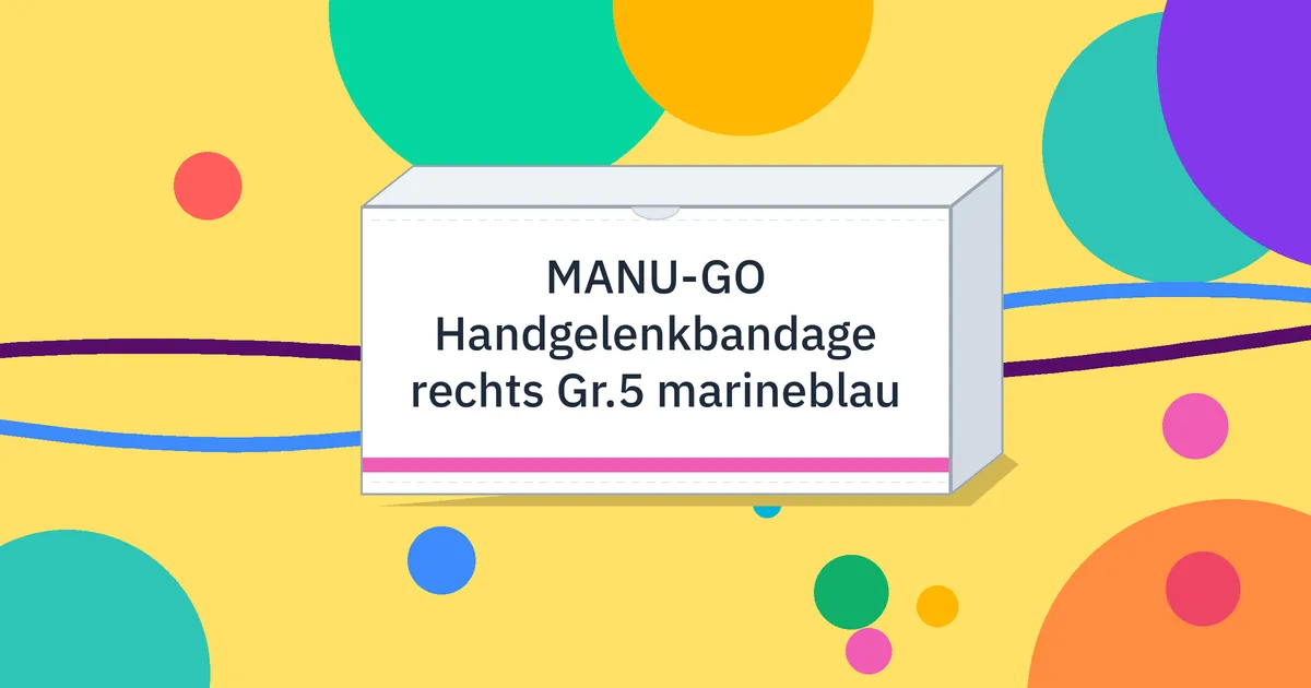Symbolbild: Packung mit der Aufschrift MANU-GO Handgelenkbandage rechts Gr.5 marineblau (PZN 19742626) – Verfügbarkeit und Bezug in Apotheken in Frankfurt am Main