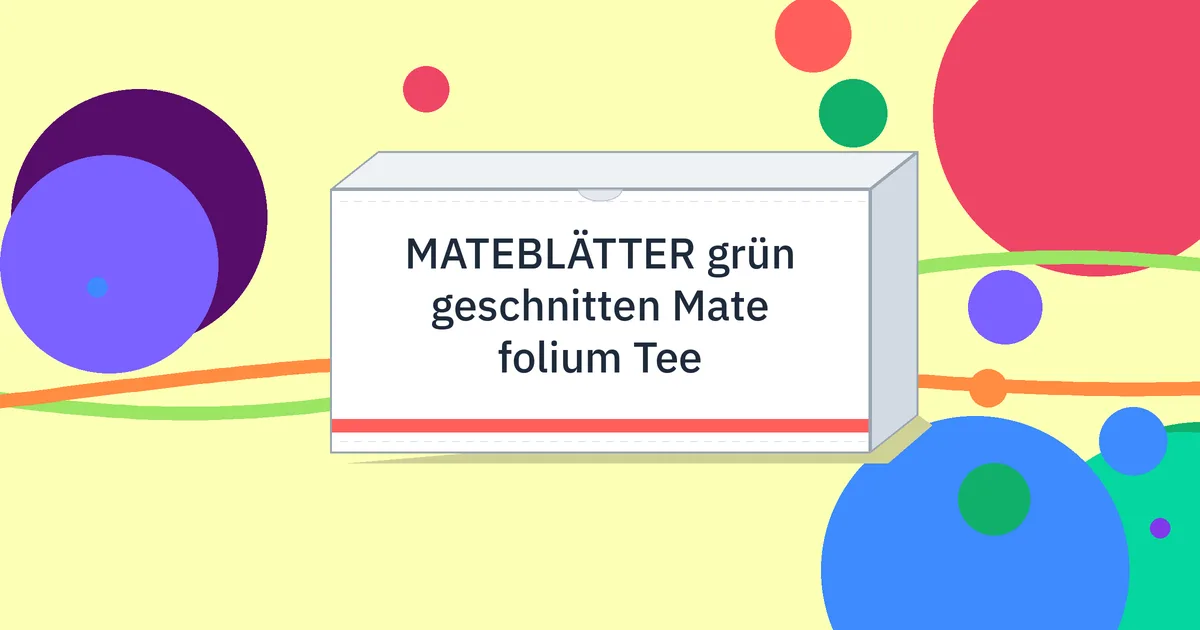 Symbolbild: Packung mit der Aufschrift MATEBLÄTTER grün geschnitten Mate folium Tee (PZN 20948936) – Verfügbarkeit und Bezug in Apotheken in Frankfurt am Main