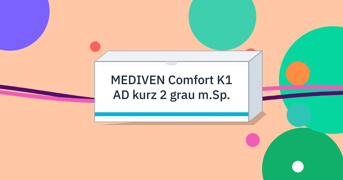 Symbolbild: Packung mit der Aufschrift MEDIVEN Comfort K1 AD kurz 2 grau m.Sp. (PZN 19005862) – Verfügbarkeit und Bezug in Apotheken in Frankfurt am Main