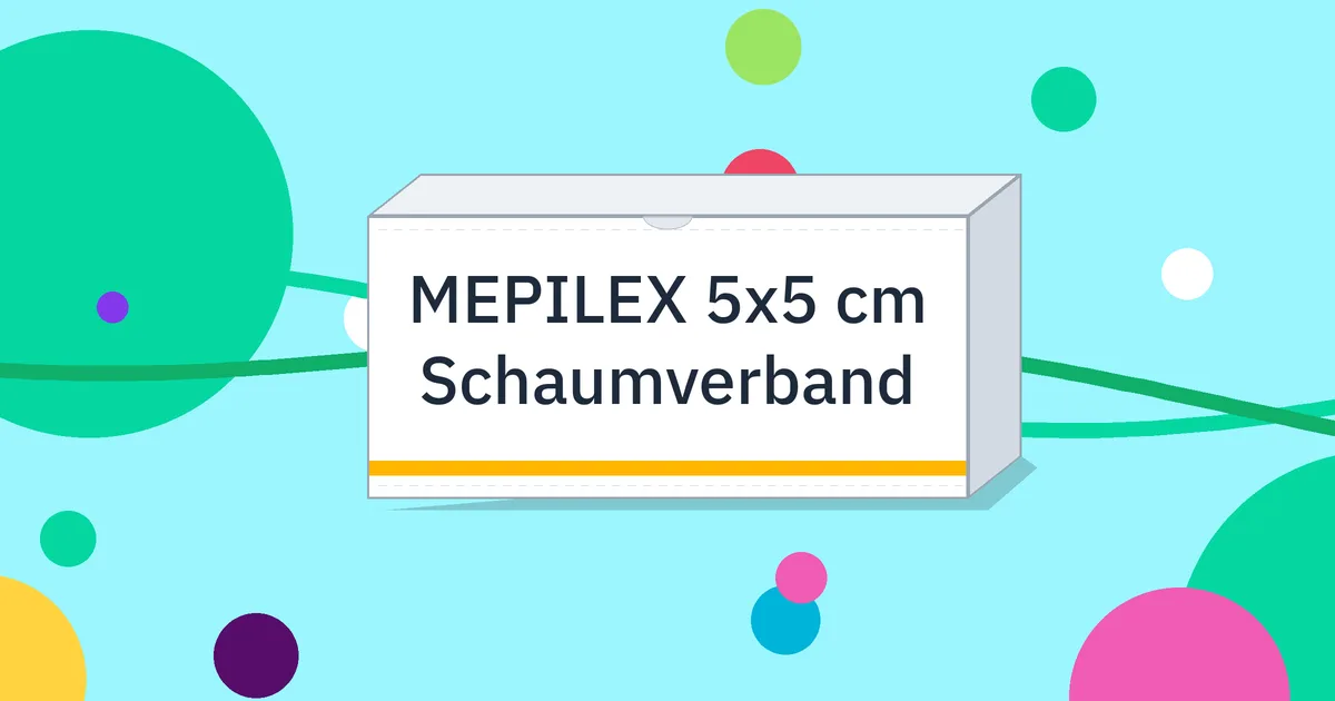 Symbolbild: Packung mit der Aufschrift MEPILEX 5x5 cm Schaumverband (PZN 15397664) – Verfügbarkeit und Bezug in Apotheken in Frankfurt am Main