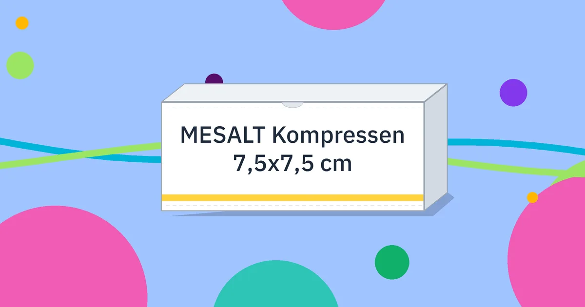 Symbolbild: Packung mit der Aufschrift MESALT Kompressen 7,5x7,5 cm (PZN 07733527) – Verfügbarkeit und Bezug in Apotheken in Frankfurt am Main
