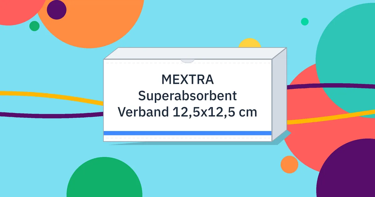 Symbolbild: Packung mit der Aufschrift MEXTRA Superabsorbent Verband 12,5x12,5 cm (PZN 17606126) – Verfügbarkeit und Bezug in Apotheken in Frankfurt am Main