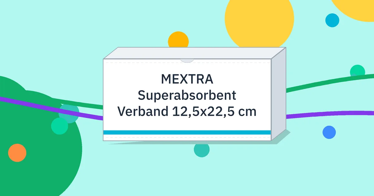 Symbolbild: Packung mit der Aufschrift MEXTRA Superabsorbent Verband 12,5x22,5 cm (PZN 17670153) – Verfügbarkeit und Bezug in Apotheken in Frankfurt am Main