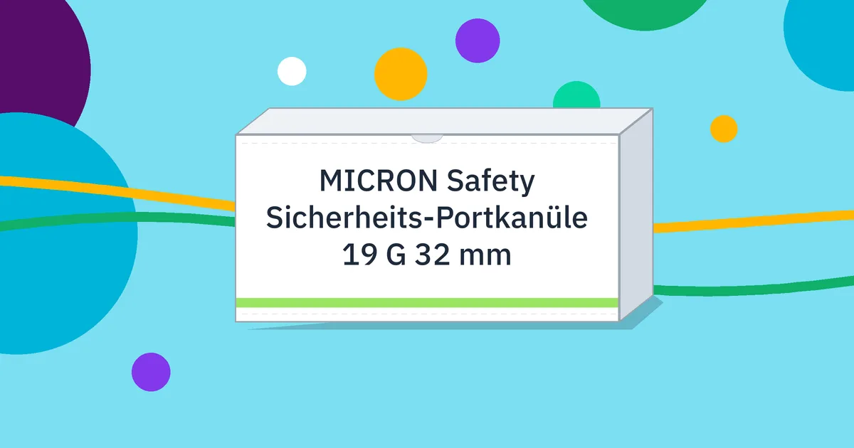 Symbolbild: Packung mit der Aufschrift MICRON Safety Sicherheits-Portkanüle 19 G 32 mm (PZN 19146261) – Verfügbarkeit und Bezug in Apotheken in Frankfurt am Main