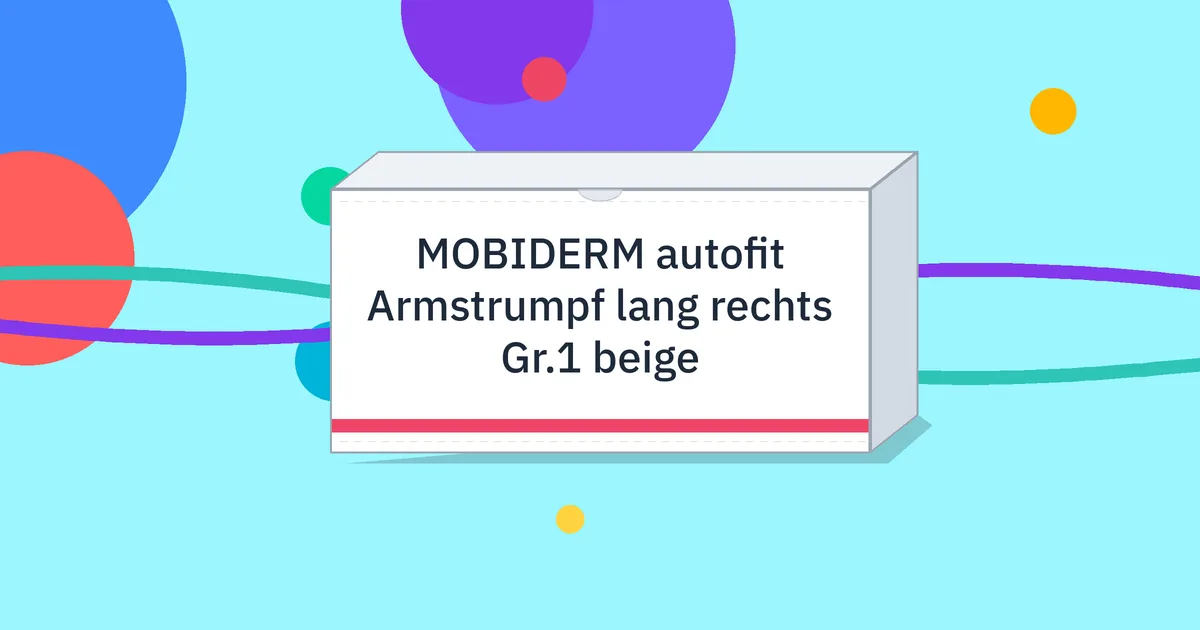 Symbolbild: Packung mit der Aufschrift MOBIDERM autofit Armstrumpf lang rechts Gr.1 beige (PZN 19741851) – Verfügbarkeit und Bezug in Apotheken in Frankfurt am Main