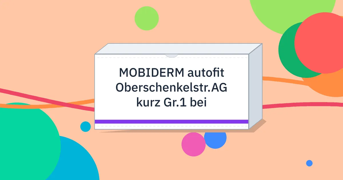 Symbolbild: Packung mit der Aufschrift MOBIDERM autofit Oberschenkelstr.AG kurz Gr.1 bei (PZN 19742170) – Verfügbarkeit und Bezug in Apotheken in Frankfurt am Main