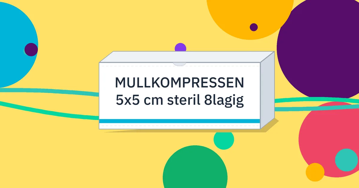 Symbolbild: Packung mit der Aufschrift MULLKOMPRESSEN 5x5 cm steril 8lagig (PZN 17563138) – Verfügbarkeit und Bezug in Apotheken in Frankfurt am Main