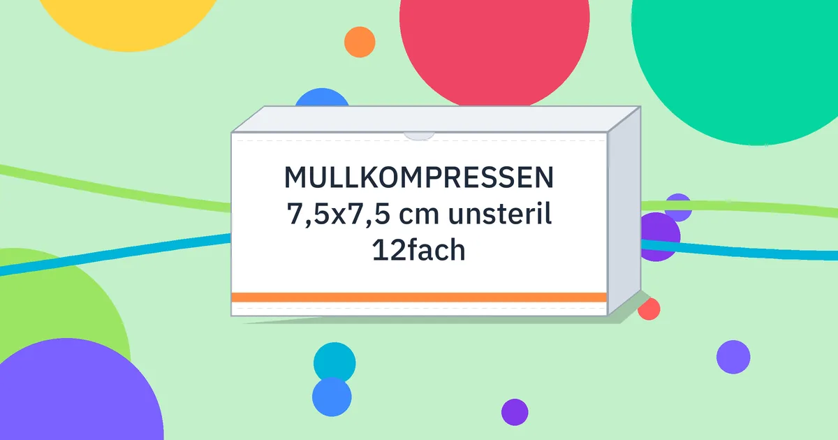 Symbolbild: Packung mit der Aufschrift MULLKOMPRESSEN 7,5x7,5 cm unsteril 12fach (PZN 08821446) – Verfügbarkeit und Bezug in Apotheken in Frankfurt am Main