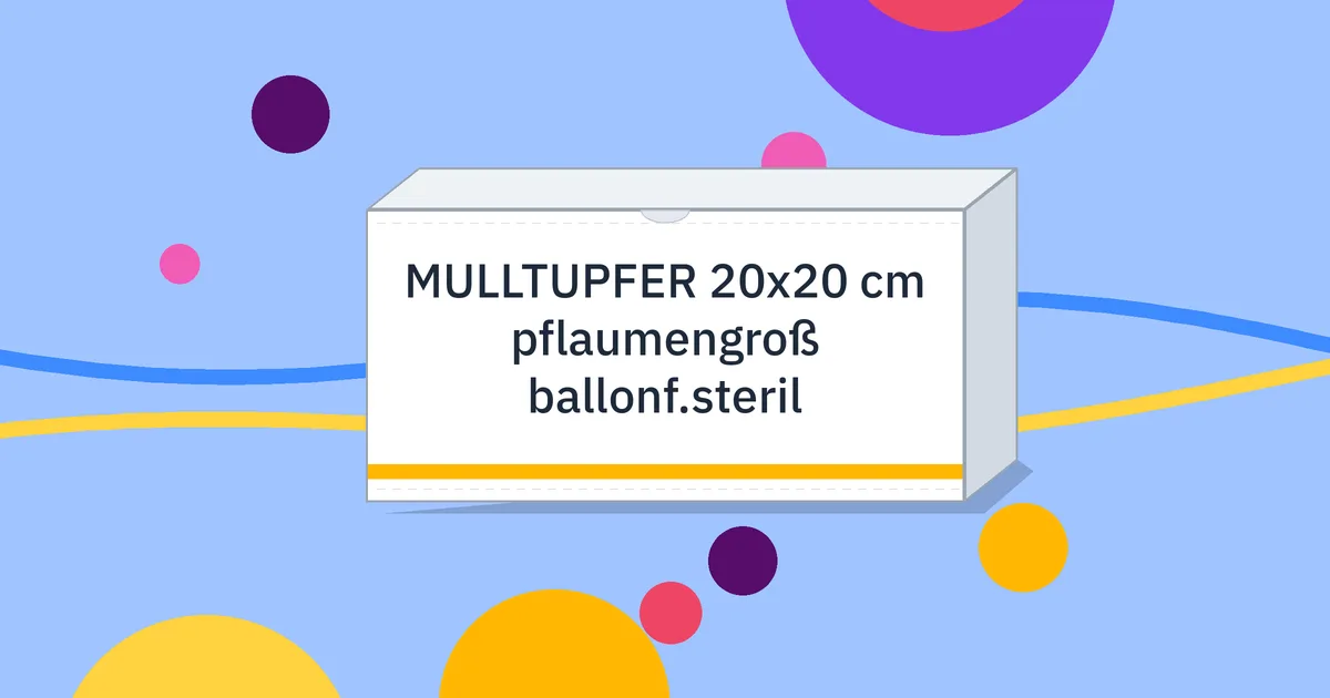 Symbolbild: Packung mit der Aufschrift MULLTUPFER 20x20 cm pflaumengroß ballonf.steril (PZN 00261806) – Verfügbarkeit und Bezug in Apotheken in Frankfurt am Main