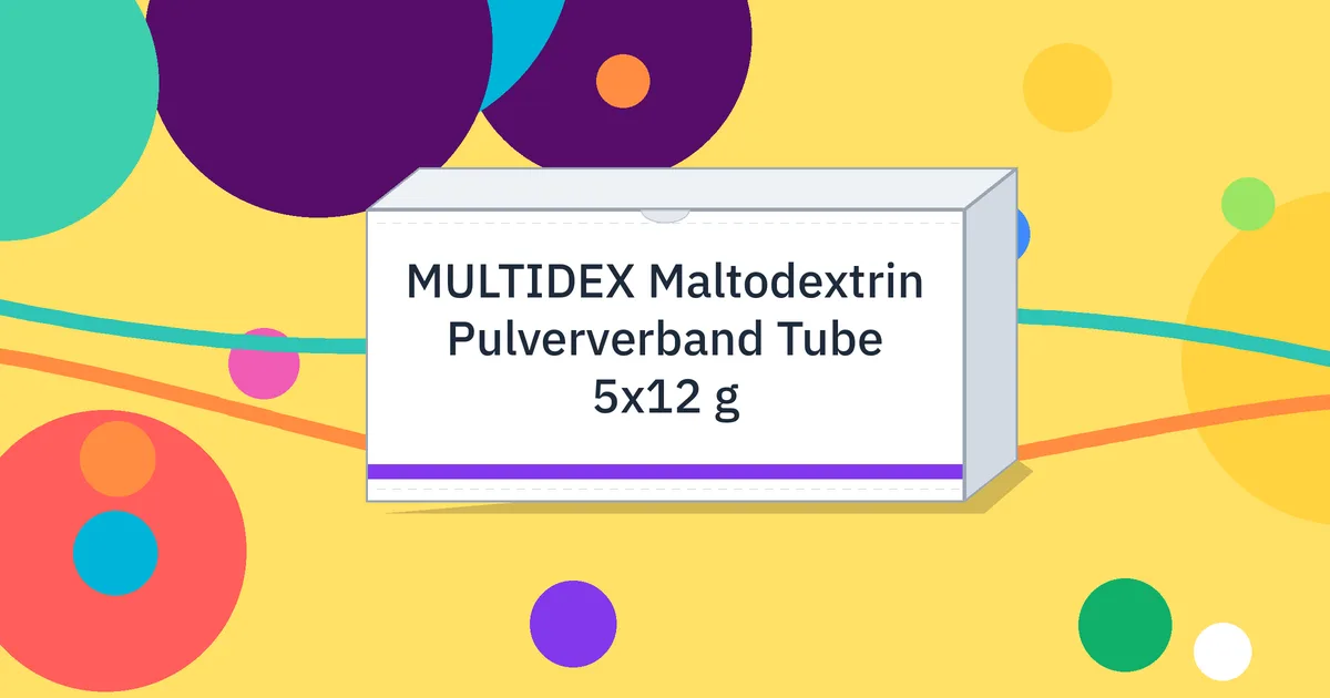 Symbolbild: Packung mit der Aufschrift MULTIDEX Maltodextrin Pulververband Tube 5x12 g (PZN 19436622) – Verfügbarkeit und Bezug in Apotheken in Frankfurt am Main