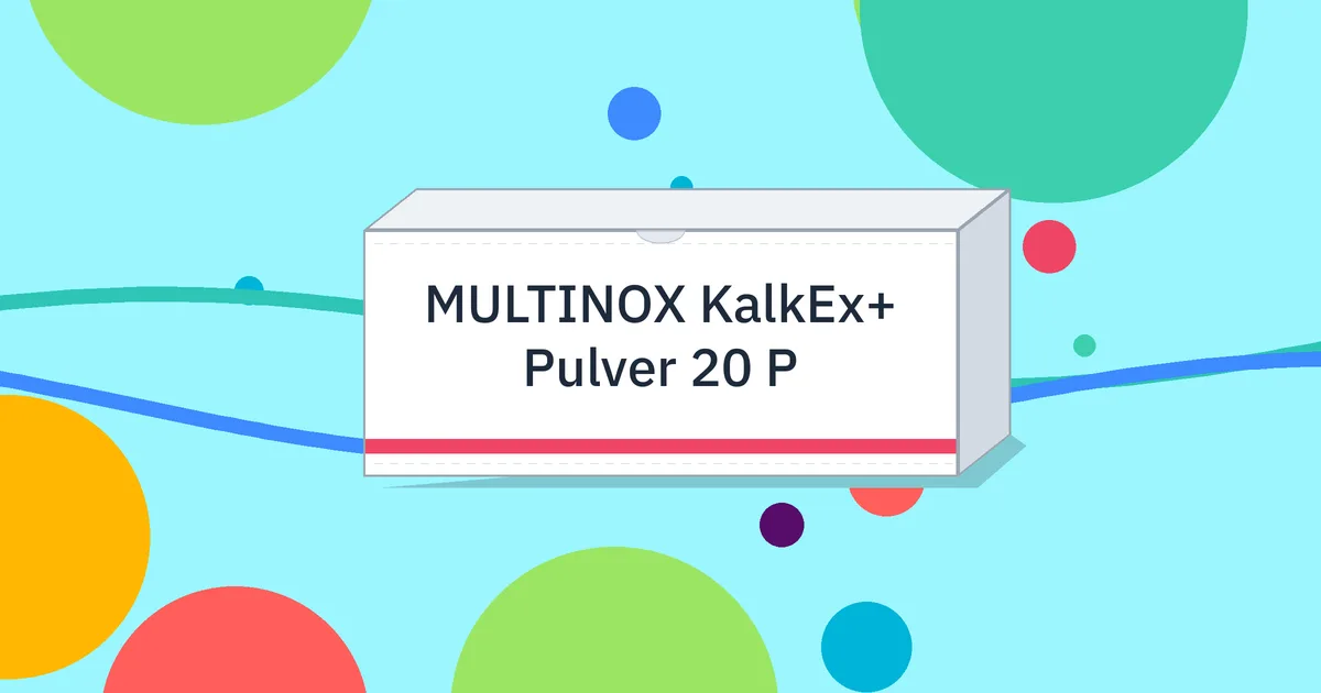 Symbolbild: Packung mit der Aufschrift MULTINOX KalkEx+ Pulver 20 P (PZN 15393985) – Verfügbarkeit und Bezug in Apotheken in Frankfurt am Main