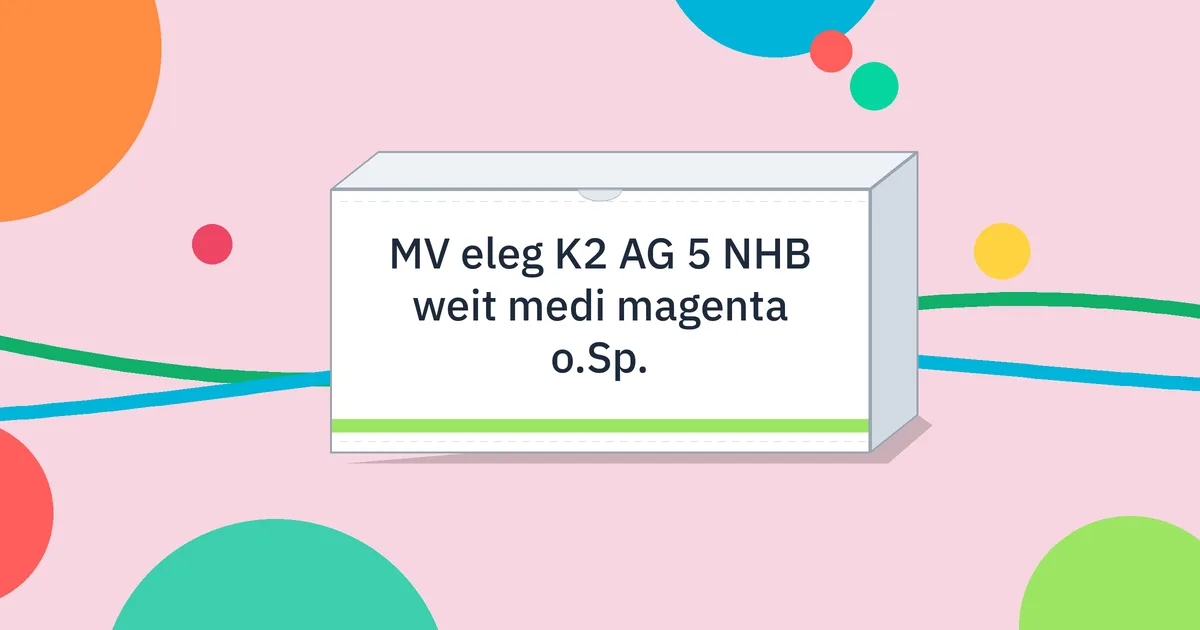 Symbolbild: Packung mit der Aufschrift MV eleg K2 AG 5 NHB weit medi magenta o.Sp. (PZN 15728718) – Verfügbarkeit und Bezug in Apotheken in Frankfurt am Main