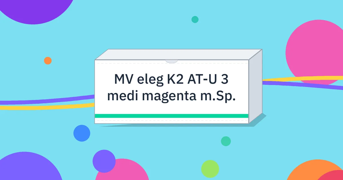 Symbolbild: Packung mit der Aufschrift MV eleg K2 AT-U 3 medi magenta m.Sp. (PZN 15290469) – Verfügbarkeit und Bezug in Apotheken in Frankfurt am Main