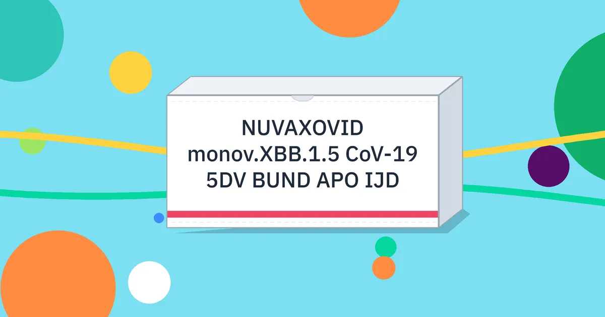 Symbolbild: Packung mit der Aufschrift NUVAXOVID monov.XBB.1.5 CoV-19 5DV BUND APO IJD (PZN 19129883) – Verfügbarkeit und Bezug in Apotheken in Frankfurt am Main
