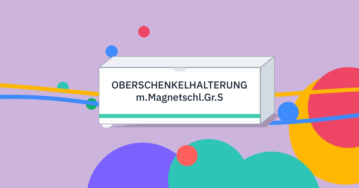 Symbolbild: Packung mit der Aufschrift OBERSCHENKELHALTERUNG m.Magnetschl.Gr.S (PZN 09168221) – Verfügbarkeit und Bezug in Apotheken in Frankfurt am Main