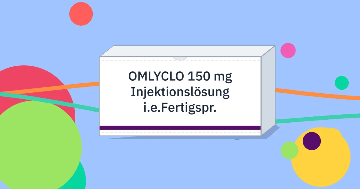 Symbolbild: Packung mit der Aufschrift OMLYCLO 150 mg Injektionslösung i.e.Fertigspr. (PZN 20186596) – Verfügbarkeit und Bezug in Apotheken in Frankfurt am Main