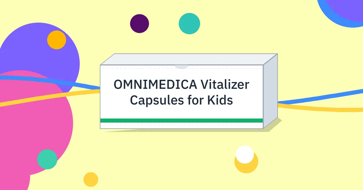 Symbolbild: Packung mit der Aufschrift OMNIMEDICA Vitalizer Capsules for Kids (PZN 19142642) – Verfügbarkeit und Bezug in Apotheken in Frankfurt am Main